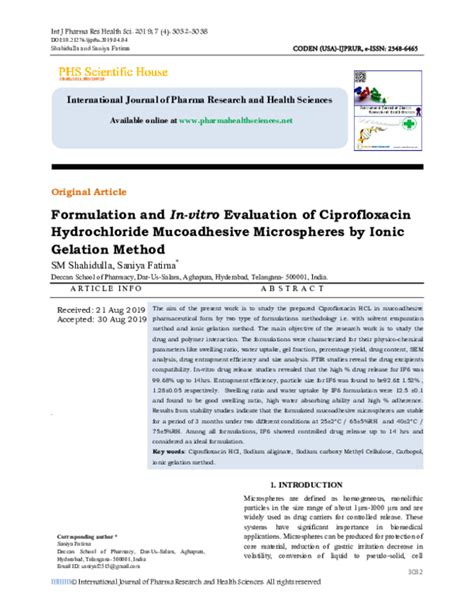 Pdf Formulation And In Vitro Evaluation Of Ciprofloxacin Hydrochloride Mucoadhesive
