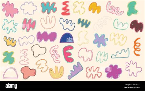 Set Of Modern Abstract Blobs In Outlines And Filled With Colors Hand Drawn Vector Illustrations