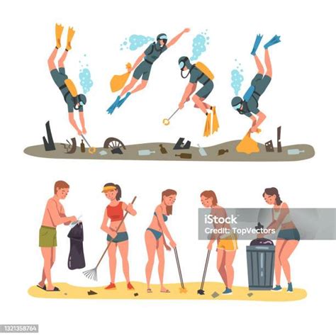 바다와 해변 세트에서 쓰레기를 수집하는 스쿠버 다이버 쓰레기와 바다 또는 바다의 오염 생태 보호 개념 만화 벡터 일러스트 가공의 인물에 대한 스톡 벡터 아트 및 기타 이미지