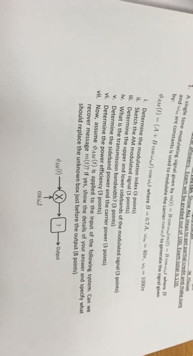solved 1 a single tone modulating signal given by m bcom