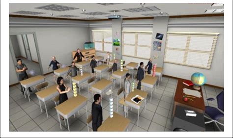 3d virtual environment representing a class room with all possible