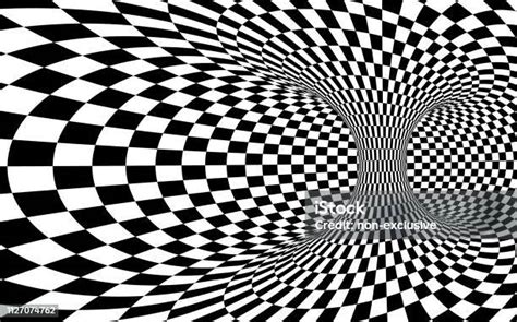 추상 웜 홀 터널입니다 흑인과 백인 평방 광학 환영입니다 추상 체스 환상 배경입니다 벡터 일러스트 레이 션 3차원 형태에 대한 스톡 벡터 아트 및 기타 이미지 Istock