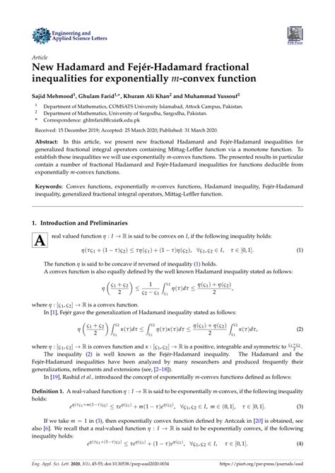 Pdf New Hadamard And Fejér Hadamard Fractional Inequalities For