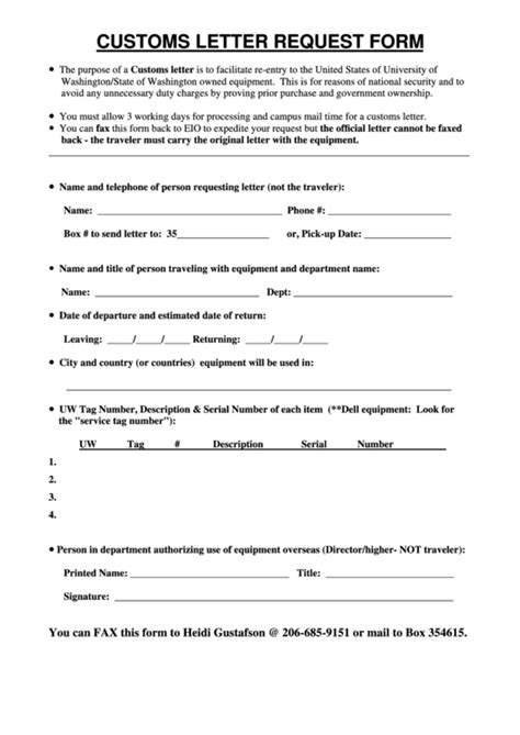 Customs Letter Request Form Printable Pdf Download