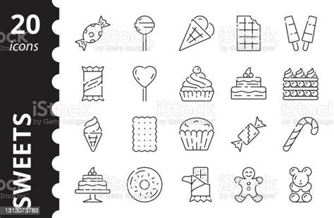 과자 사탕 아이스크림 케이크 쿠키 사탕 바 벡터의 선형 아이콘입니다 외형선에 대한 스톡 벡터 아트 및 기타 이미지 외형선 초콜릿 바 검은색 Istock