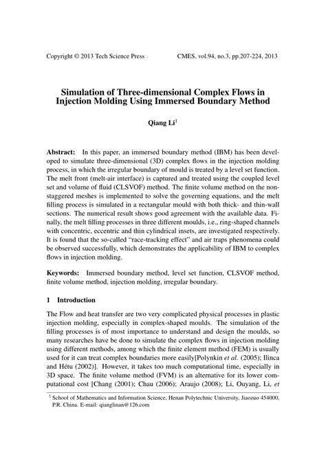 Pdf Simulation Of Three Dimensional Complex Flows In Injection Molding Using Immersed Boundary