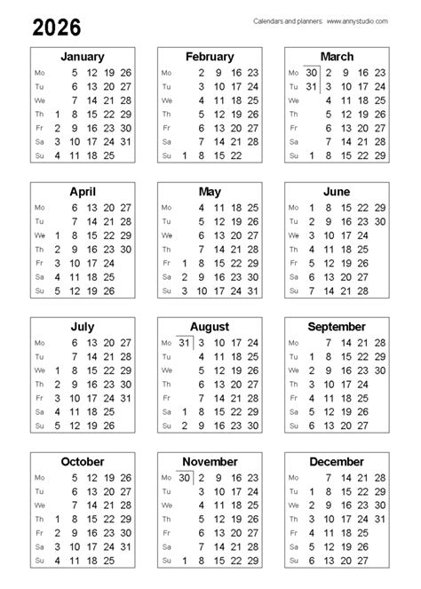 2026 Vertical Calendar Printable Free