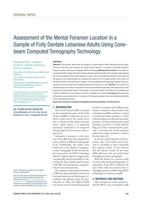 Pdf Assessment Of The Mental Foramen Location In A Sample Of Fully Dentate Lebanese Adults