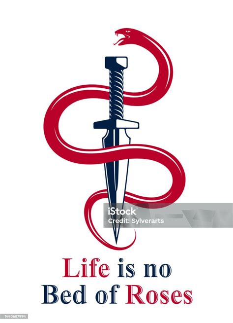 단검은 뱀을 죽이고 뱀을 물리 치며 칼 벡터 빈티지 문신을 감싸고 인생은 싸움 개념이며 삶은 장미 우화 로고 또는 고대 상징의 상징이 없습니다 뱀에 대한 스톡 벡터 아트 및