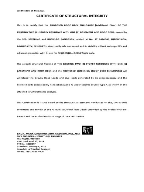Certificate Of Structural Integrity Wednesday 26 May 2021 Pdf