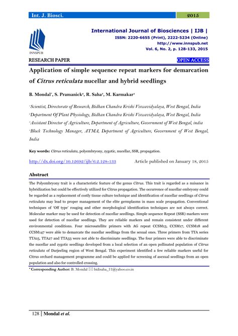 Pdf Application Of Simple Sequence Repeat Markers For Demarcation Of Citrus Reticulata