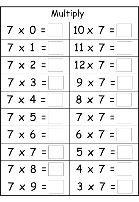7 Times Table Worksheets Worksheets Multiplication Chart Times Tables