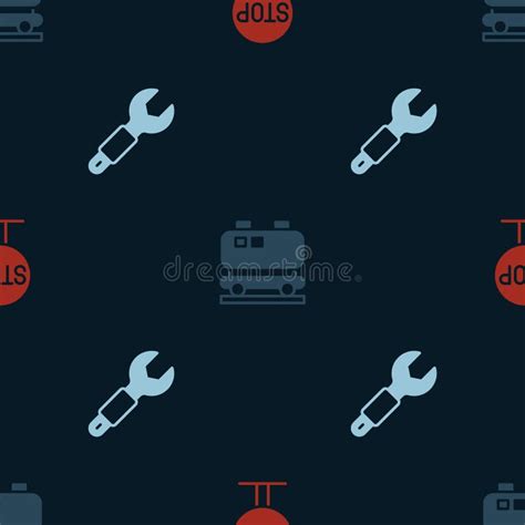Set Stop Sign Oil Railway Cistern And Wrench Spanner On Seamless Pattern Vector Stock Vector