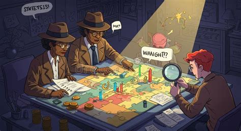 A Detective Themed Illustration Features Three Adults Around A Table