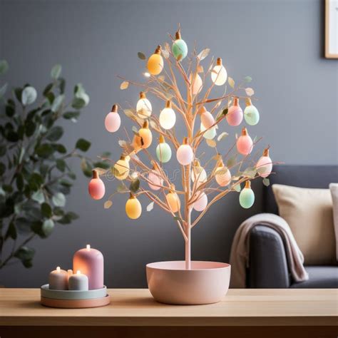 Minimalist Easter Egg Tree Illuminated By Soft Pastel String Lights