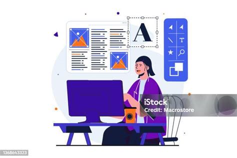 웹 배너 디자인을위한 디자이너 스튜디오 현대적인 평면 개념 여성은 컴퓨터에서 일하고 사이트의 레이아웃과 유용성을 개발하고