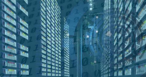 Image Of Data Processing And Scope Scanning Over Server Room Stock