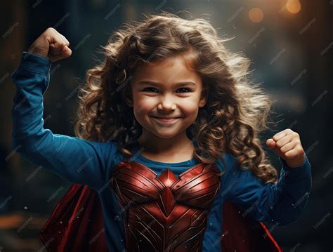 Premium Ai Image A Small Girl With Super Hero Outfit Showing Her Arms In The Style Of Femi