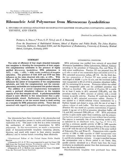 Pdf Ribonucleic Acid Polymerase From Micrococcus Lysodeikticus