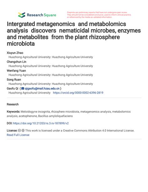 Pdf Intergrated Metagenomics And Metabolomics Analysis Discovers Nematicidal Microbes Enzymes