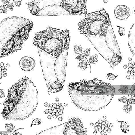 팔라펠 피타 샤와르마 매끄러운 패턴 스케치 및 색상 그림 중동 요리 배경 길거리 음식 손으로 그린 메뉴 및 패키지 디자인 비건 음식 팔라펠에 대한 스톡 벡터 아트 및 기타