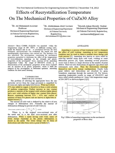 Effects Of Recrystallization Temperature On Cuzn30 Pdf Heat