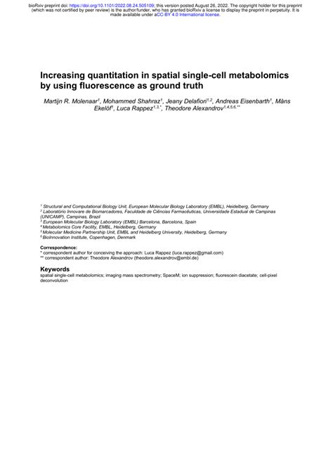 Pdf Increasing Quantitation In Spatial Single Cell Metabolomics By Using Fluorescence As