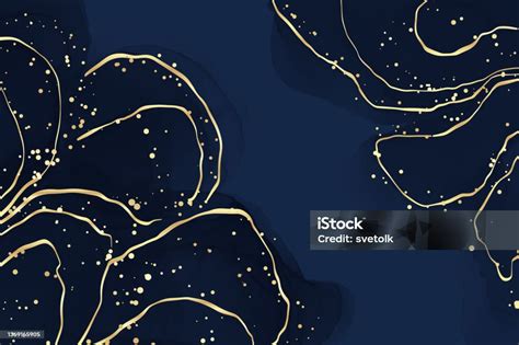 골드 라인 네이비 블루 리퀴드 대리석 수채화 배경 로얄 다크 시안 대리석 알코올 잉크 드로잉 효과 반짝이 벡터 일러스트 배경
