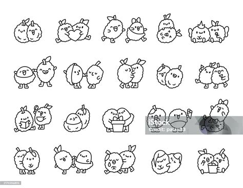 귀여운 열매 친구 색칠 공부 페이지 재미 있는 커플 과일 만화 캐릭터 손으로 그린 스타일 벡터 그리기 디자인 요소 모음 가공의 인물에 대한 스톡 벡터 아트 및 기타 이미지