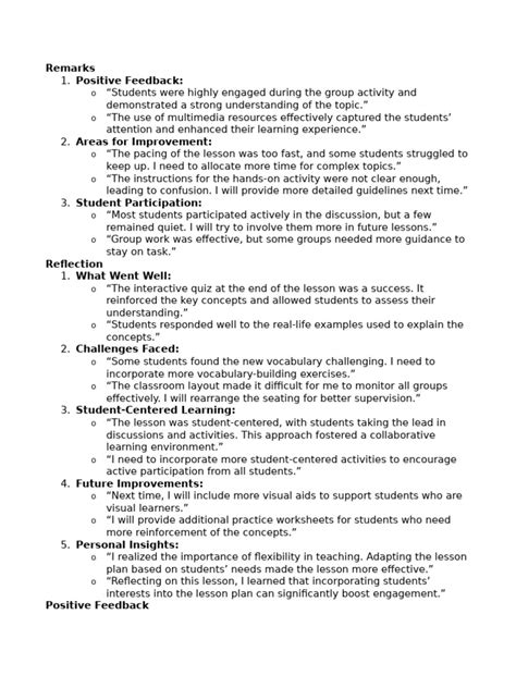 Reflection And Remarks Sample Pdf Lesson Plan Learning