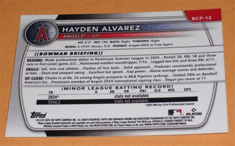 2025 Bowman Chrome Prospect Hayden Alvarez 1st Bowman Bcp 12 Los Angeles Angels Ebay