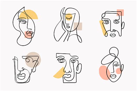 라인 아트 스타일의 추상적 인 얼굴의 컬렉션 Whte에 고립 된 남자와 여자의 초현실적 인 얼굴 색상 악센트선형 초상화 포스터 티셔츠 프린트 섬유에 이상적입니다 벡터