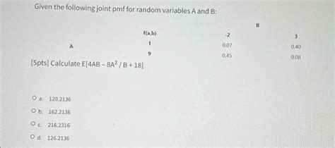 Solved Given The Following Joint Pmf For Random Variables A