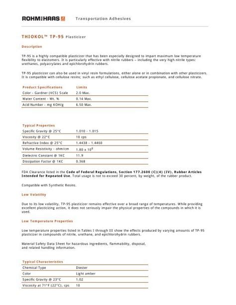 Thiokol Tp 95 Technical Data Sheet West Coast Polychem Pvt Ltd
