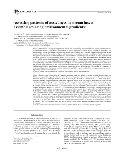 Pdf Assessing Patterns Of Nestedness In Stream Insect Assemblages Along Environmental Gradients