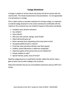 Fillable Online Eulogy Worksheet Fax Email Print PdfFiller