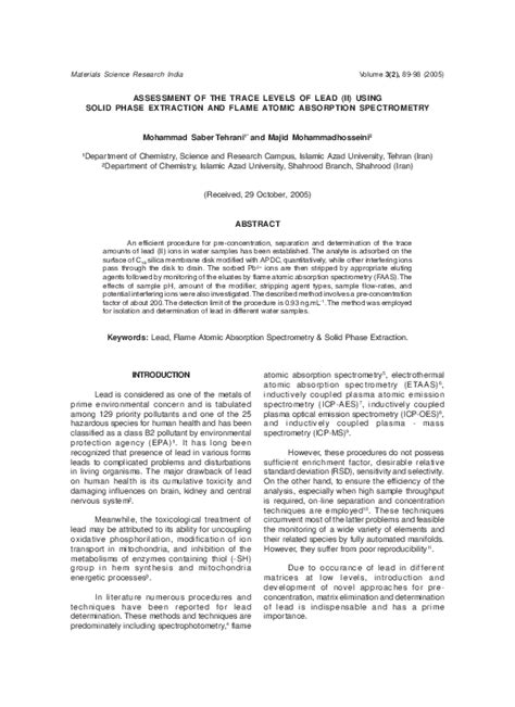 Pdf Assessment Of The Trace Levels Of Lead Ii Using Solid Phase Extraction And Flame Atomic