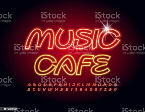 벡터 크리에이티브 포스터 뮤직 카페 레드 네온 알파벳 문자 및 숫자 세트 Live Event에 대한 스톡 벡터 아트 및 기타