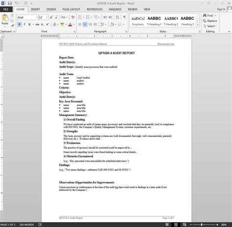 Iso 9001 Internal Audit Report Template