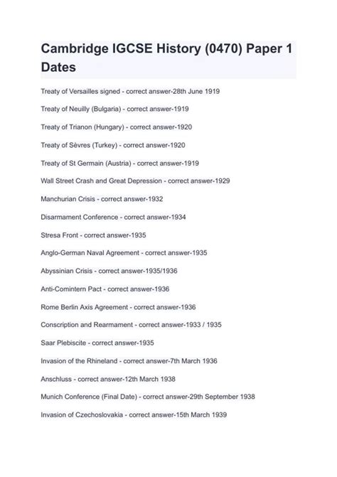 Cambridge Igcse History 0470 Paper 1 Dates Igcse History Stuvia Uk