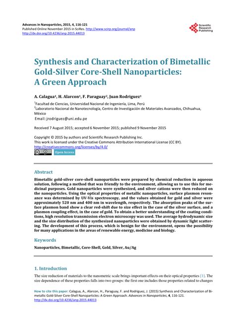 Pdf Synthesis And Characterization Of Bimetallic Gold Silver Core Shell Nanoparticles A Green