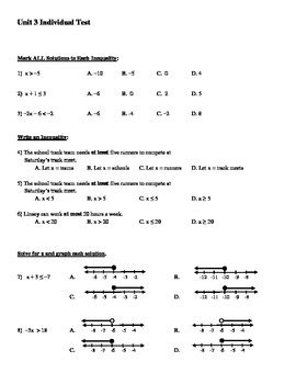 Algebra Unit Multiple Choice Test Solving Inequalities By Algebra All