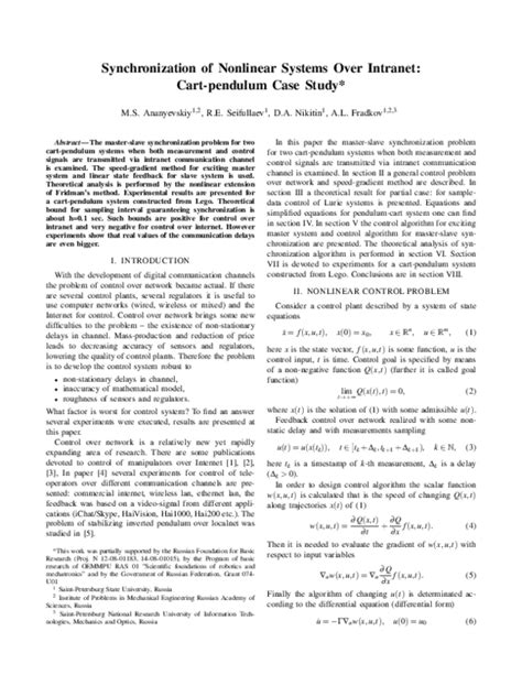 Pdf Synchronization Of Nonlinear Systems Over Intranet Cart Pendulum