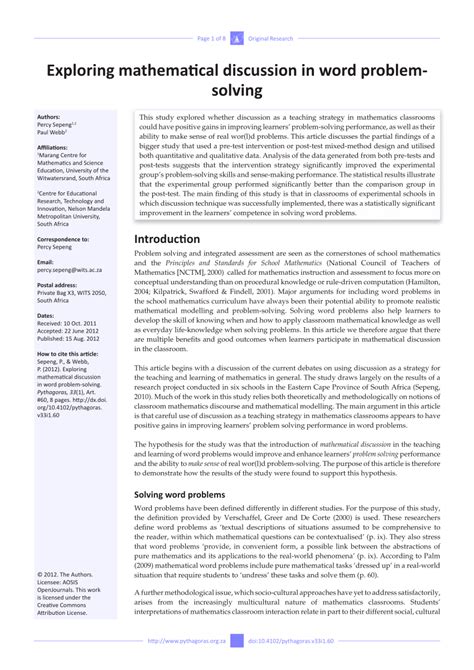 Pdf Exploring Mathematical Discussion In Word Problem Solving