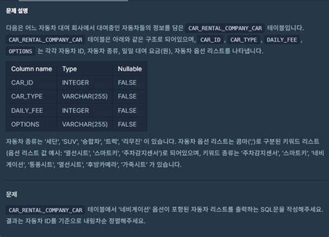 [string date] 특정 옵션이 포함된 자동차 리스트 구하기 mysql