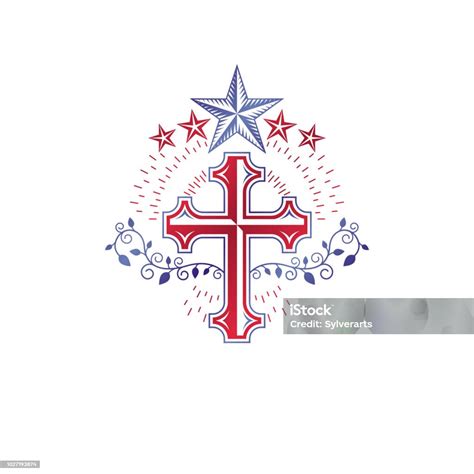 종교적 빈티지 엠 블 럼 크로스 오각형 별과 꽃 장식 기독교 십자가 사용 하 여 만들어집니다 전 령 팔의 외 투 하나님의 영광을 벡터 기호 문장에 대한 스톡 벡터 아트 및