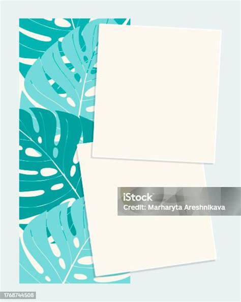 사진첩 템플릿 빈티지 콜라주 알림 소셜 미디어 메모 할 일 목록 스크랩북 식물 표본실 푸른 몬스테라 잎 공란에 대한 스톡 벡터