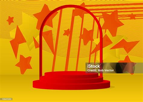 추상적인 빨강 주황 노랑 무대 쇼케이스 모형 실린더 받침대 연단 프리젠테이션을 위한 사실적인 벡터 제품 디스플레이 미래 지향적인 3d 방 공상 과학 최소한의 기하학적 빈