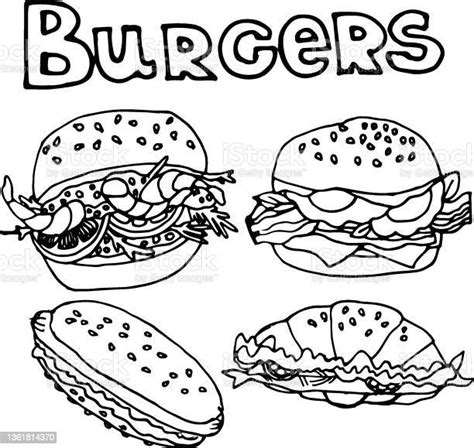 벡터 핸드 그린 햄버거와 스낵 개체 그려진 패스트 푸드 요소 샌드위치 길거리 음식 레터링 버거 치즈 버거 햄버거 세트 새우 튀긴 계란 벡터 크루아상 샌드위치 검은색에 대한