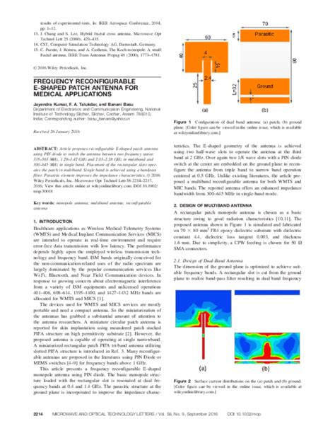 Pdf Frequency Reconfigurable E Shaped Patch Antenna For Medical
